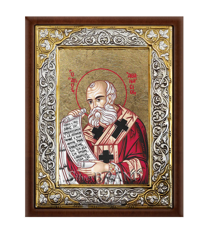 Άγιος Αθανάσιος Ασημένια Εικόνα με Μεταξοτυπία 26x20cm